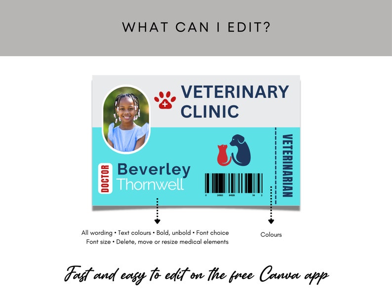 Animal Hospital Staff ID Pretend Play Kids Vet ID Badge Editable - Etsy