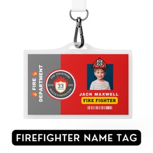Kids Firefighter Name Badge Pretend Play Fire Department Tag Fireman ID ...
