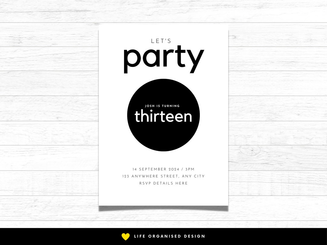 Teenage Boy Birthday Invitation Basic Black and White Invite for Teen ...