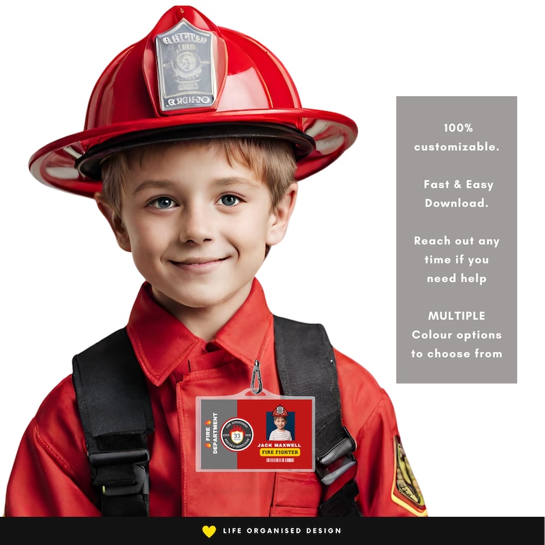 Kids Firefighter Name Badge Pretend Play Fire Department Tag Fireman ID ...