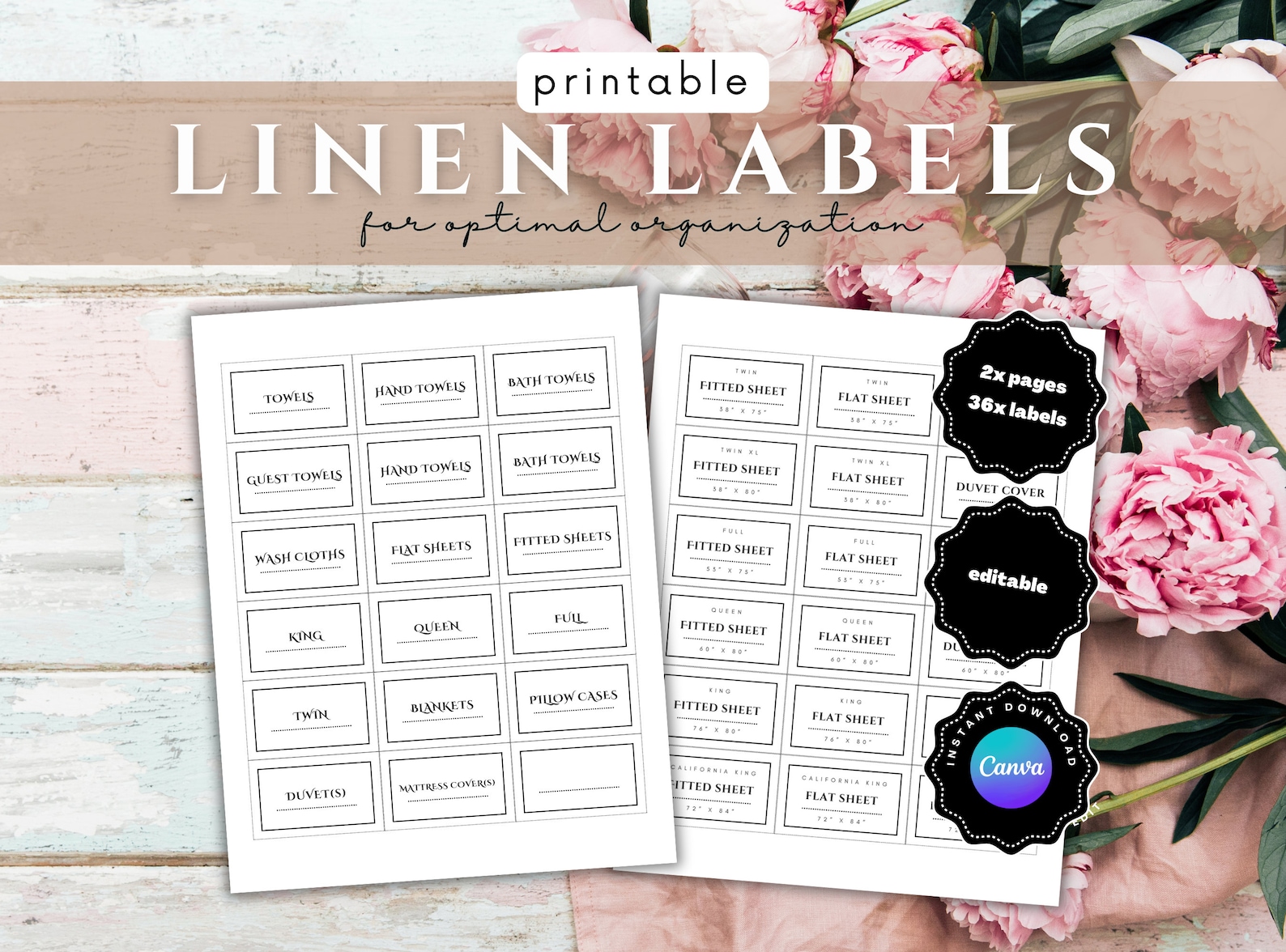 Linen Organization Printable Closet Labels Signs for Bedding. Includes ...