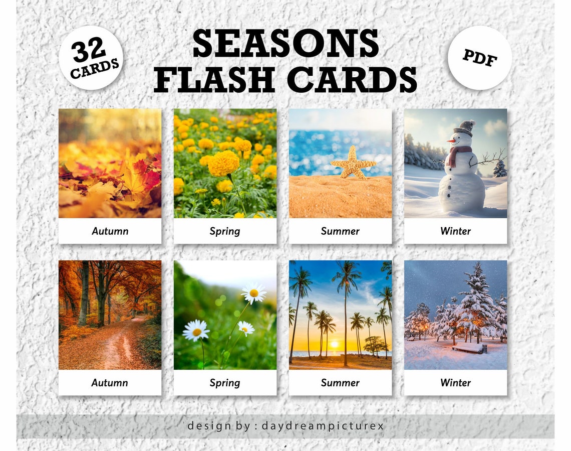 32 Seasons Montessori Flashcards, 4 SEASONS Flash Cards, PDF Printable ...