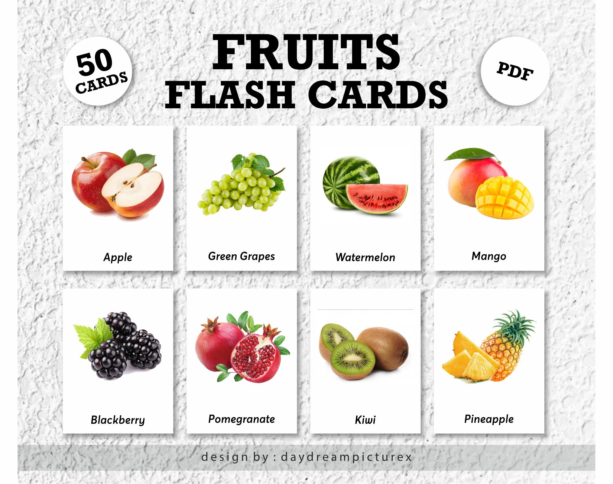 50 FRUITS Montessori Flashcards, FRUITS Flash Cards, PDF Printable ...