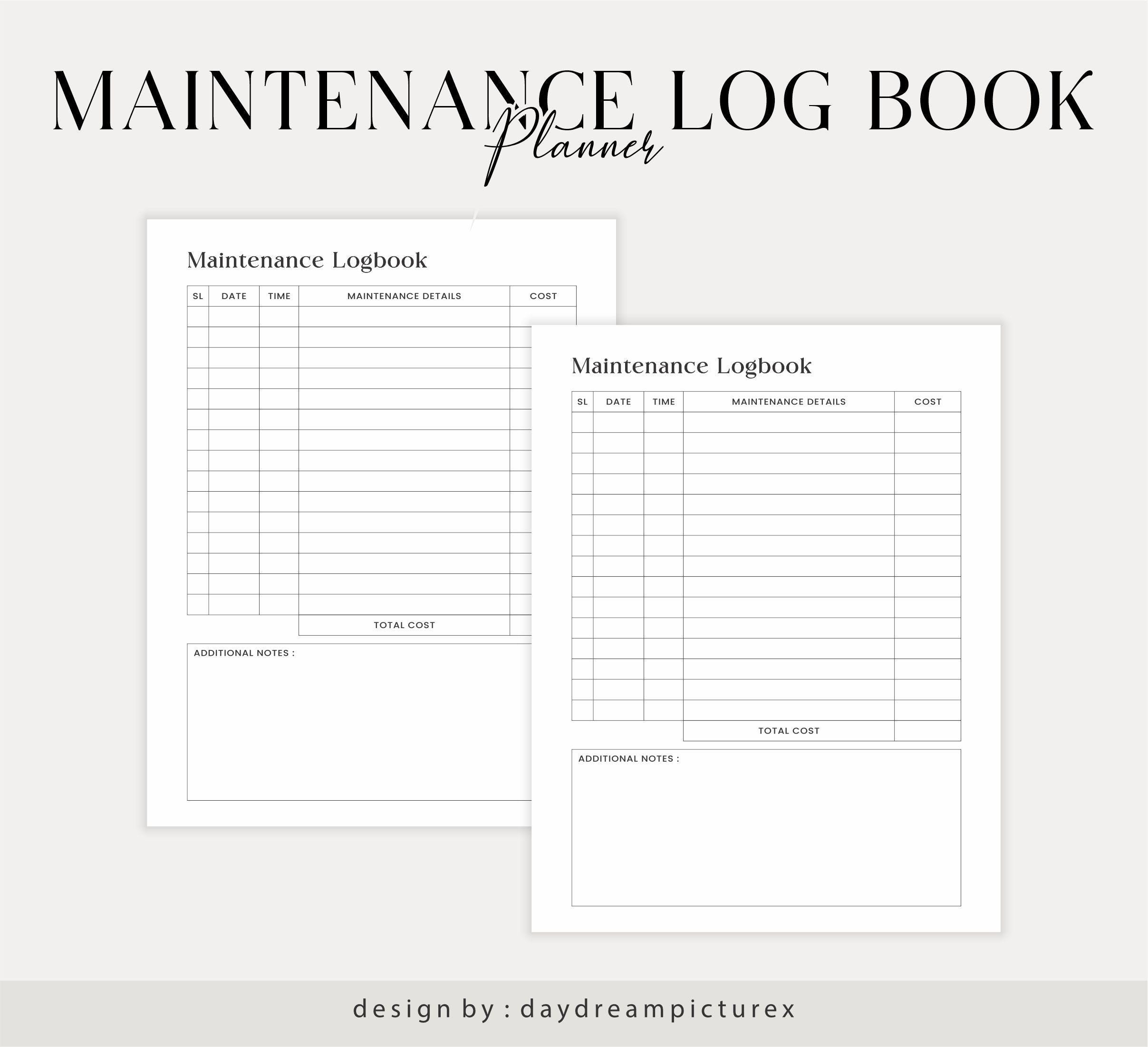 Maintenance Logbook | Logbook Planner | Maintenance Planner | Log ...