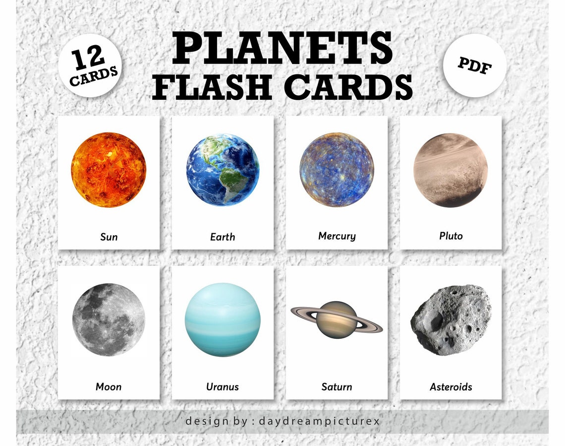 12 PLANETS Montessori Flashcards, PLANETS Flash Cards, PDF Printable ...