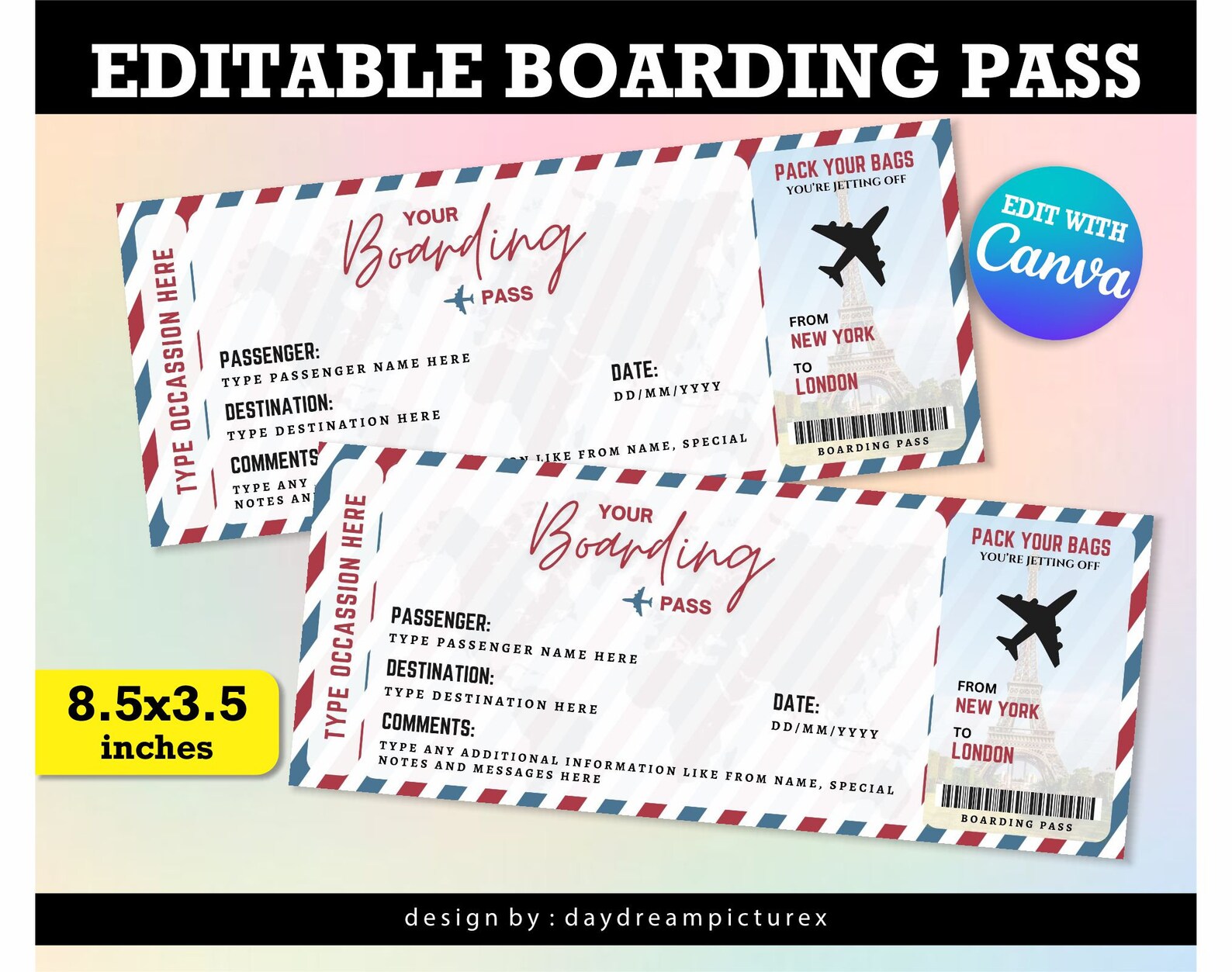 Editable Boarding Pass Template, Printable Airline Ticket, Canva ...