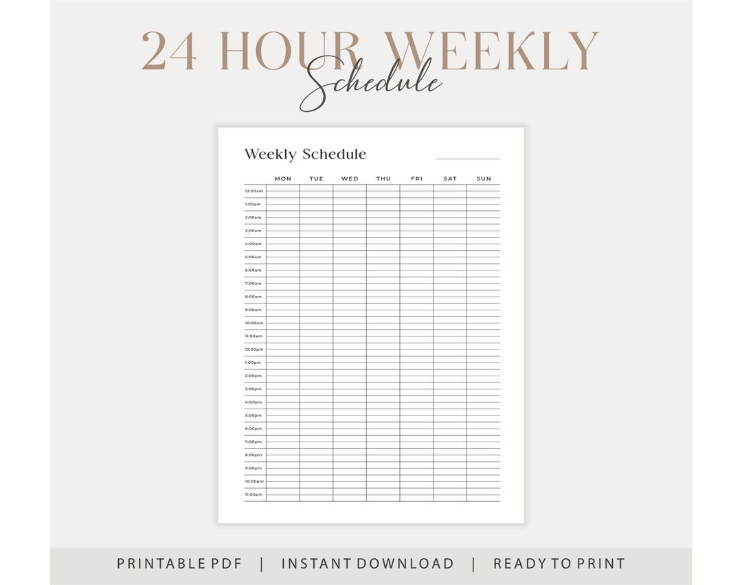 24 Hour Weekly Schedule | Hourly Planner Template | Weekly Schedule ...