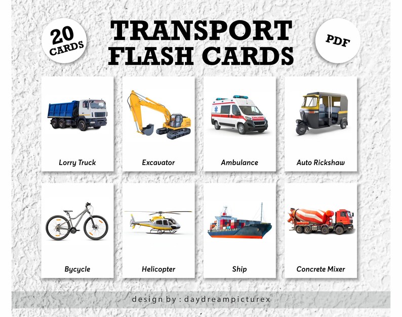 20 Transport Vehicles Montessori Flashcards, Vehicles Flash Cards, PDF ...