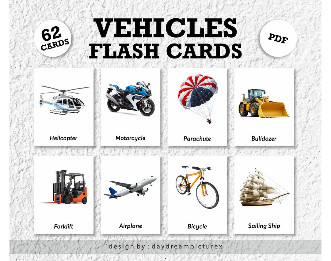 62 VEHICLES Montessori Flashcards, VEHICLES Flash Cards, PDF Printable ...