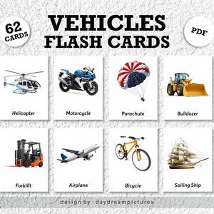 62 VEHICLES Montessori Flashcards, VEHICLES Flash Cards, PDF Printable ...