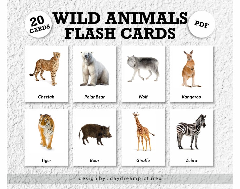 20 Wild Animals Montessori Flashcards, Animals Flash Cards, PDF ...