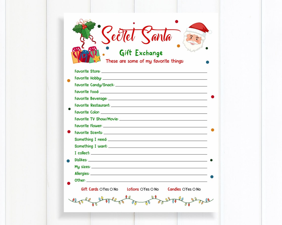 Secret Santa Gift Exchange Printable, Christmas Gift List, Gift ...