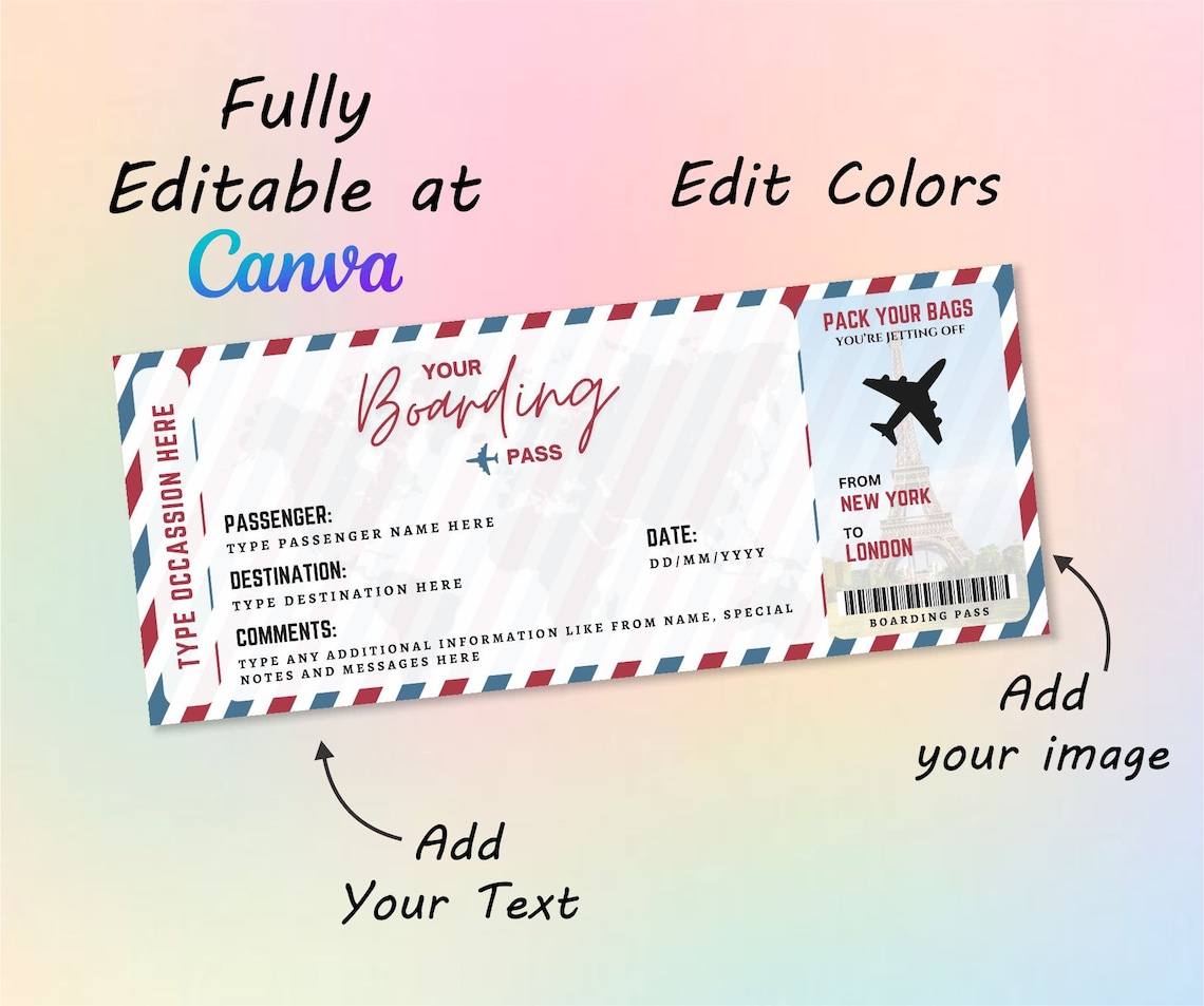 Editable Boarding Pass Template, Printable Airline Ticket, Canva ...