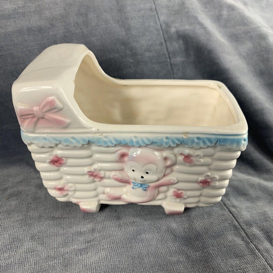 VTG Ardco Fine Quality Baby Planter Bassinet Bear Pink Blue Made in ...