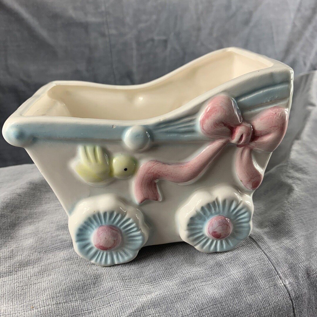 Vintage Nancy Pew Ceramic Baby Carriage Planter Taiwan Blue Trim Pink ...
