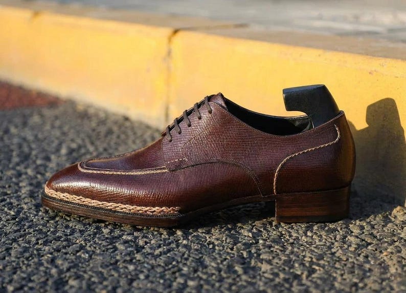 Handmade Brown Apron Toe Derby Shoes for Men | Luxury Pebbled Leather ...