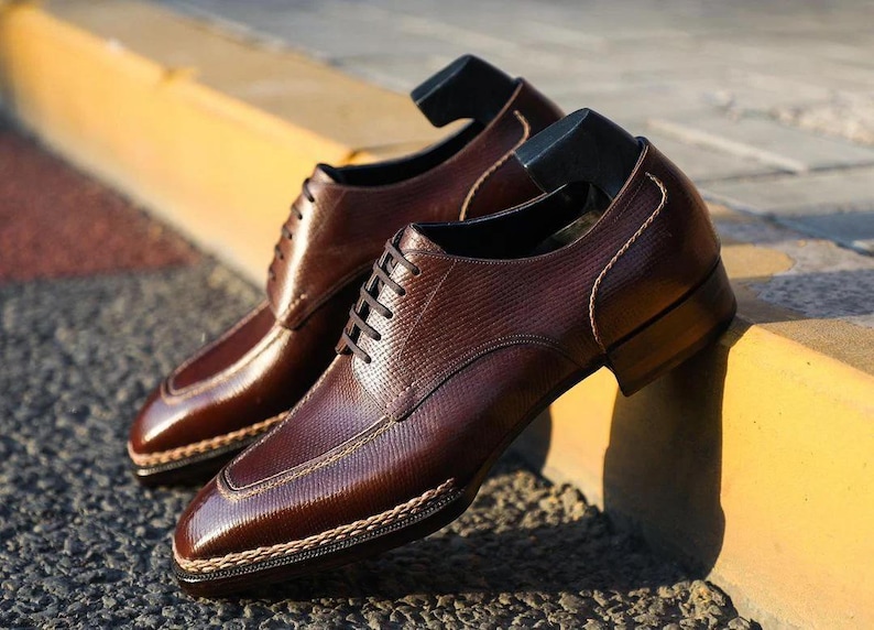 Handmade Brown Apron Toe Derby Shoes for Men | Luxury Pebbled Leather ...
