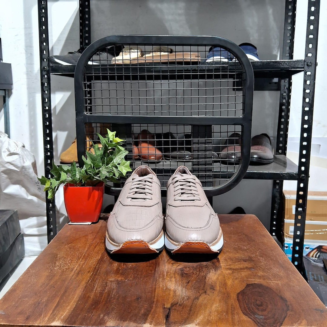 Handmade Beige Croc-embossed Leather Sneakers: 3-inch Height Increase ...