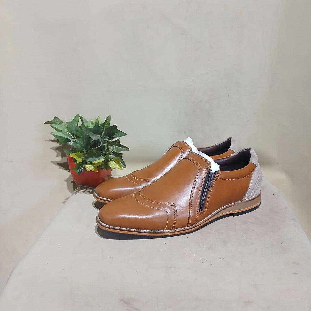Men’s Handmade Tan Leather Zip-up Formal Shoes | Dual Tone Smart Slip ...