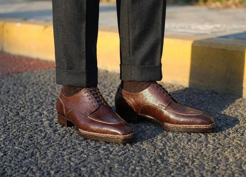 Handmade Brown Apron Toe Derby Shoes for Men | Luxury Pebbled Leather ...