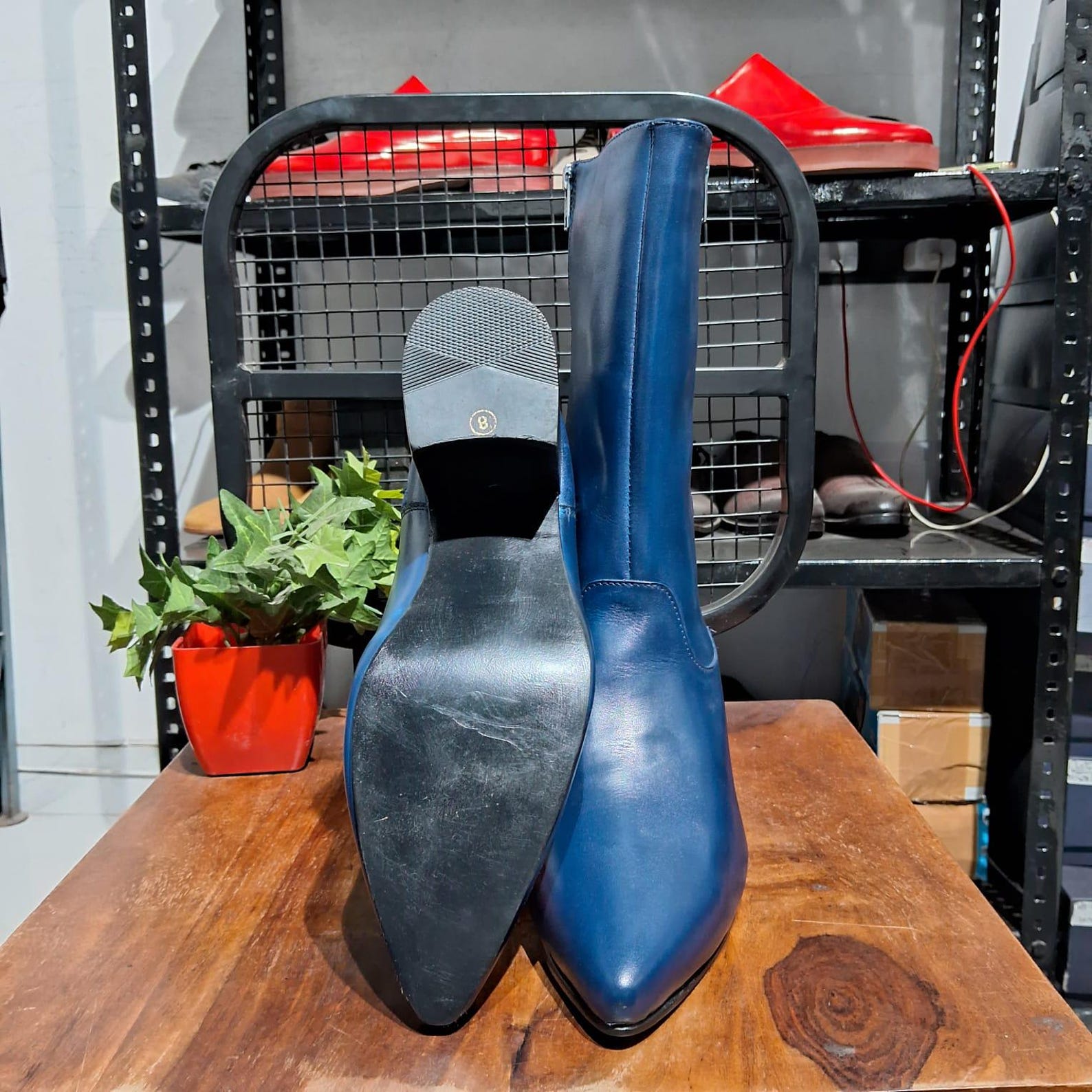 Men's Elegant Blue Leather Knee-high Boots Handmade Pointed-toe Fashion ...