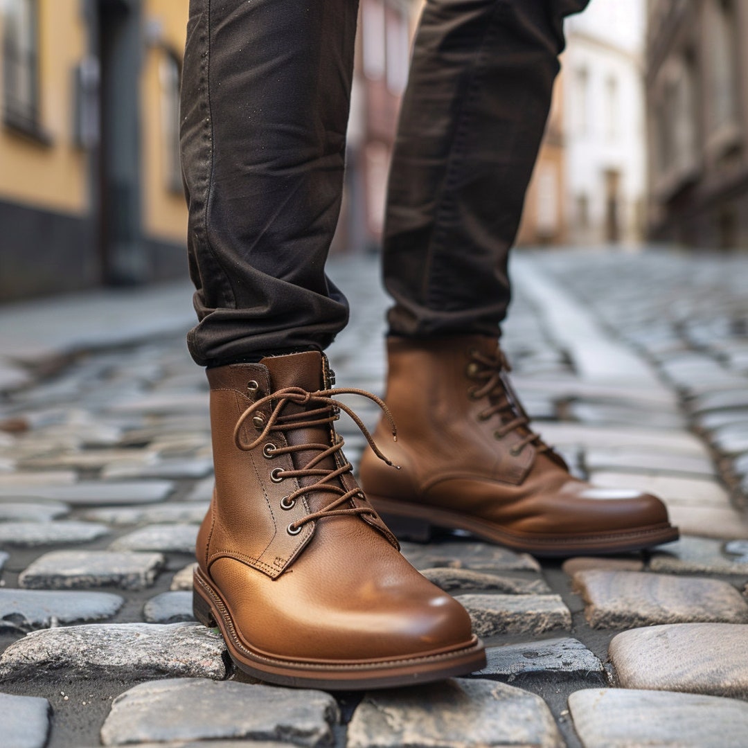 Brown Leather Height 3 Inch Increase Boots Slip on Boots Motorcycle and ...