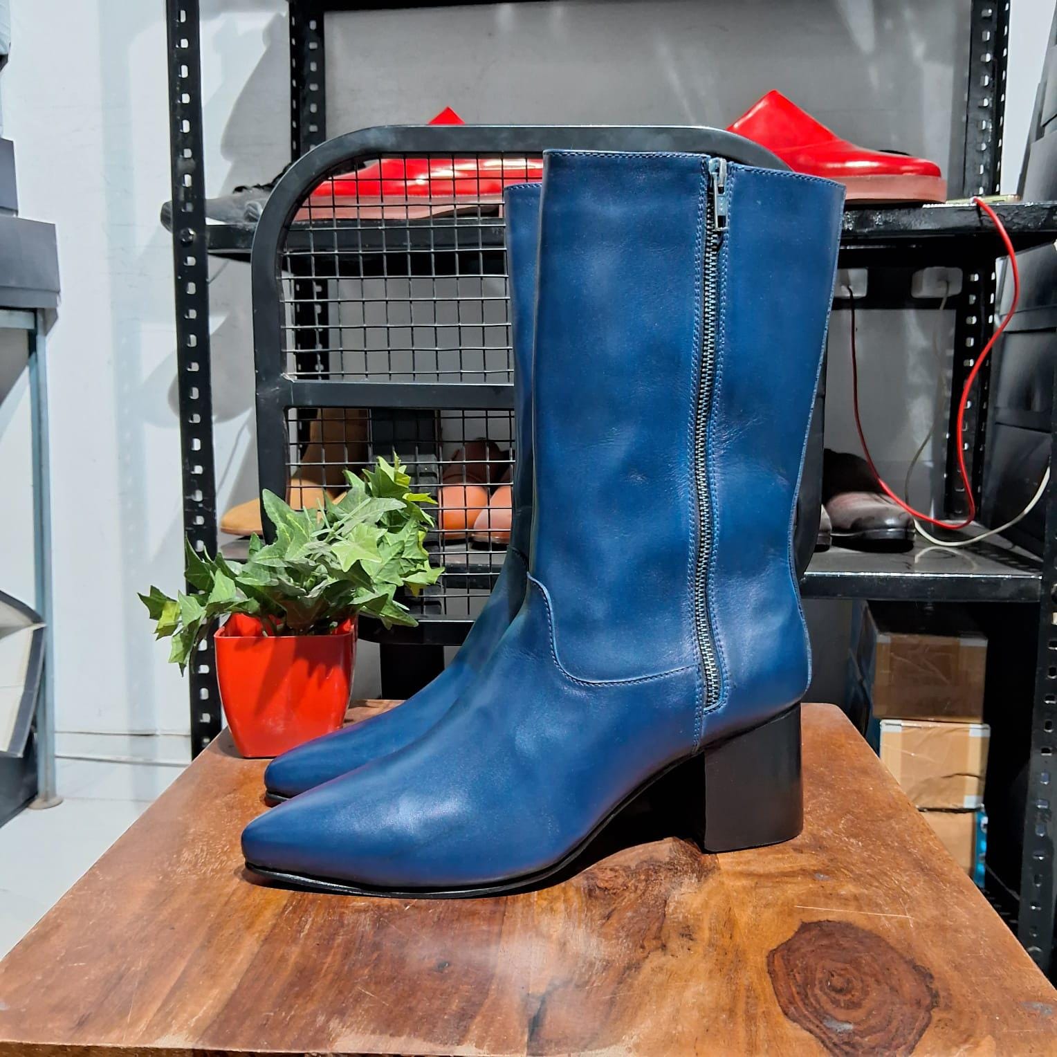 Men's Elegant Blue Leather Knee-high Boots Handmade Pointed-toe Fashion ...