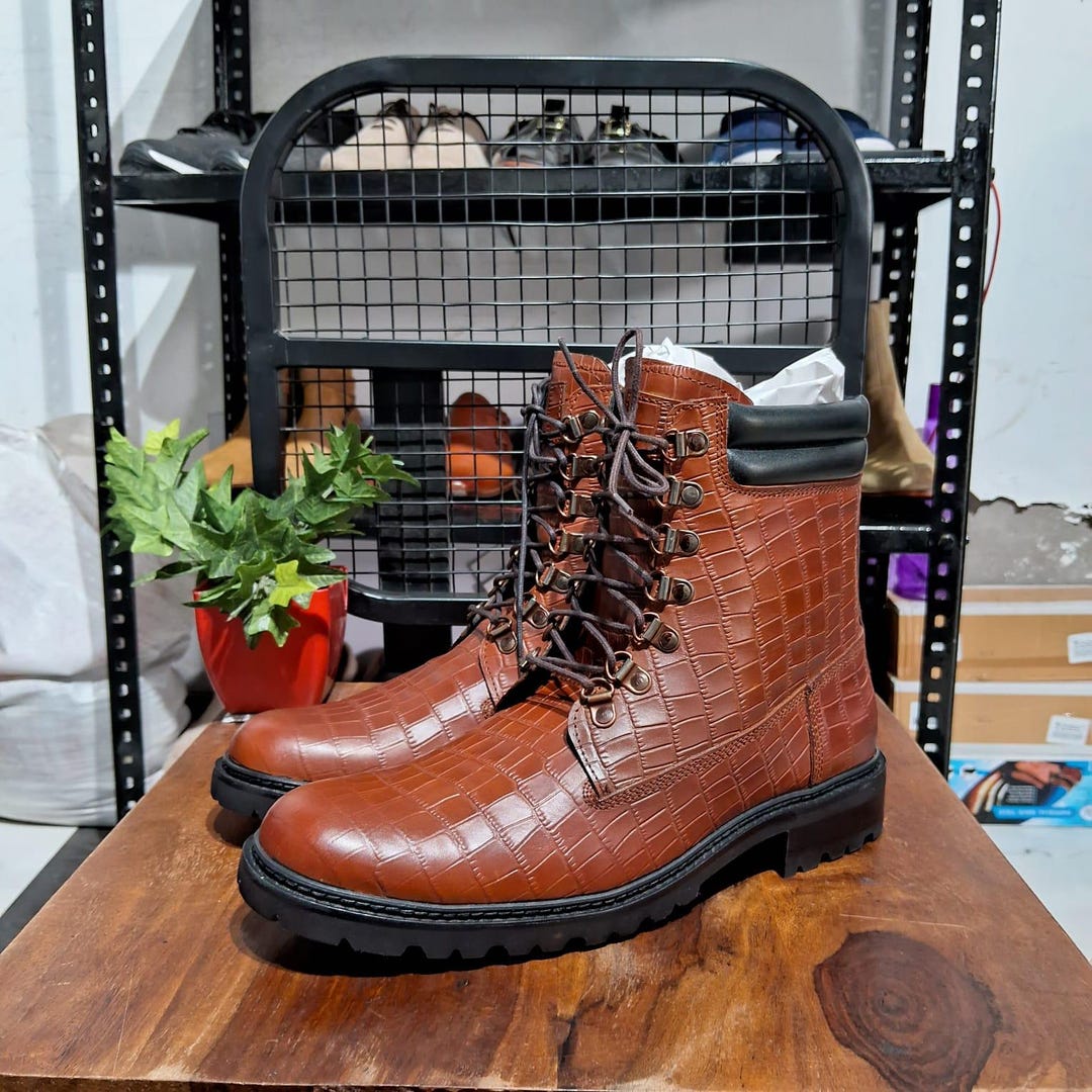 Men's Brown Croc-embossed Leather Combat Boots | Handmade Lace-up High ...