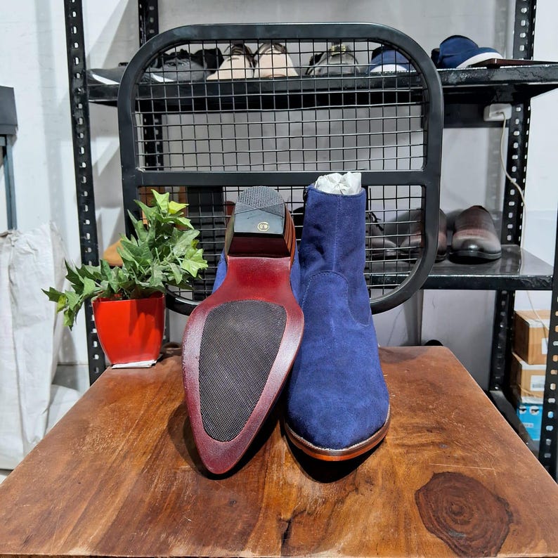 Men's Handmade Blue Suede Chelsea Boots With Wooden Sole - Etsy