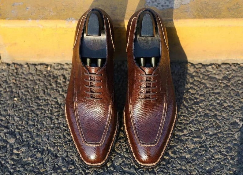 Handmade Brown Apron Toe Derby Shoes for Men | Luxury Pebbled Leather ...