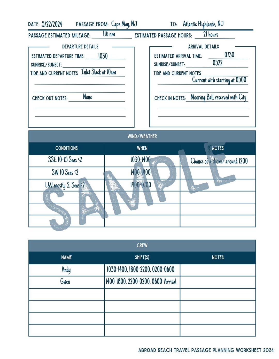 Printable Passage Planning Worksheet - Etsy