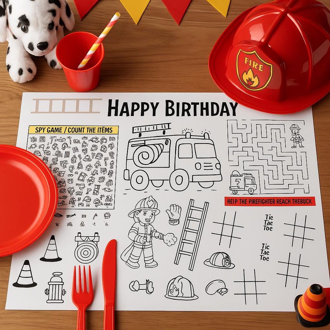 Firetruck Printable Placemat | Firefighter Birthday Coloring Page ...