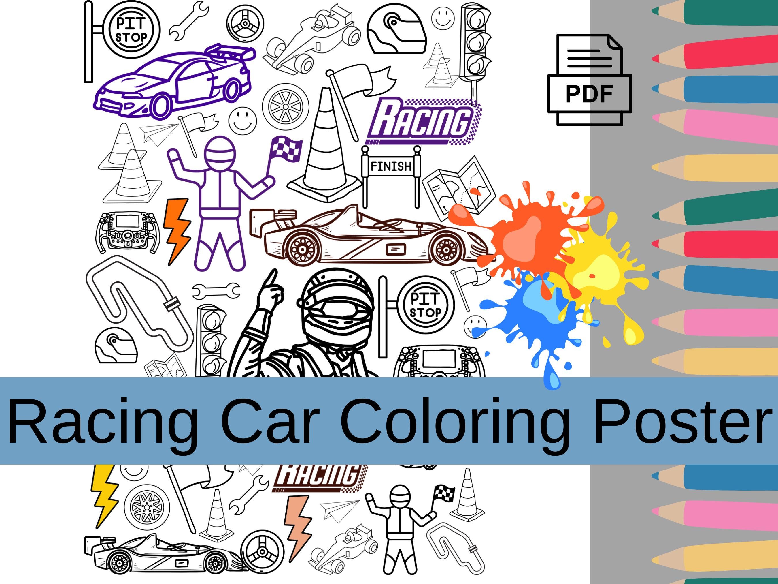 Racing Car Easy Coloring Poster for Kids, Printable Coloring Sheet for ...