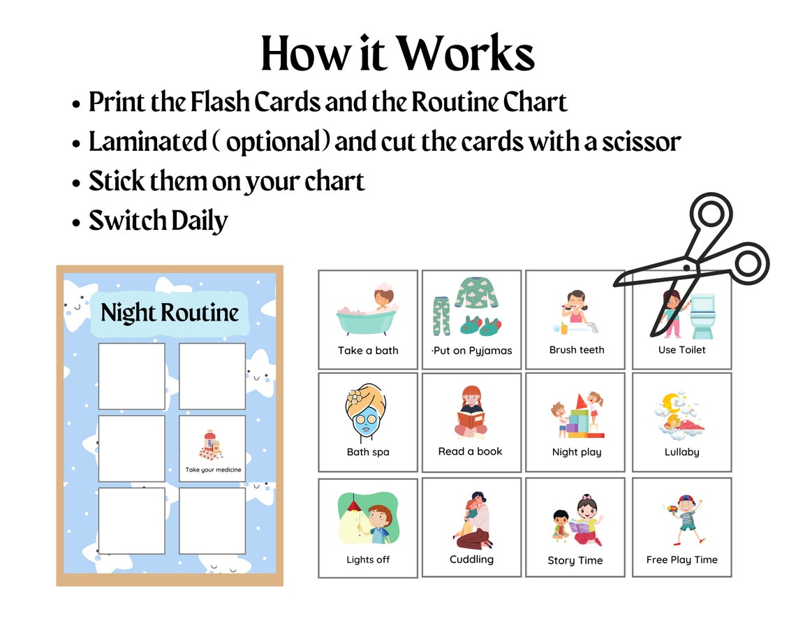 36 Kids Evening Bedtime Routine Flashcards, Kids Activity Chart ...