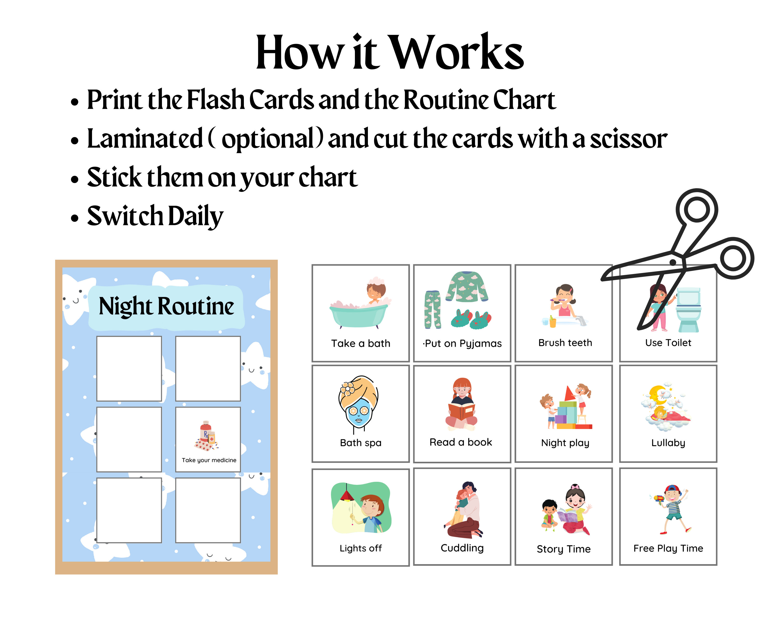 36 Kids Evening Bedtime Routine Flashcards, Kids Activity Chart ...