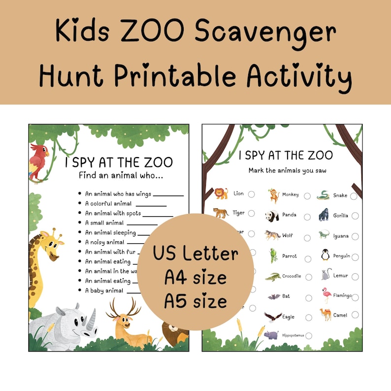 Kids Zoo Scavenger Hunt Printable Activity, I Spy at Zoo Homeschool ...