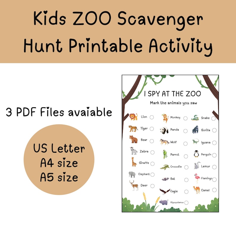 Kids Zoo Scavenger Hunt Printable Activity, I Spy at Zoo Homeschool ...