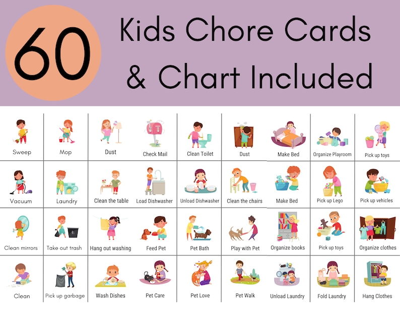60 Kids Chore Cards &4 Chart, Fun Daily Schedule Organizer, Children ...