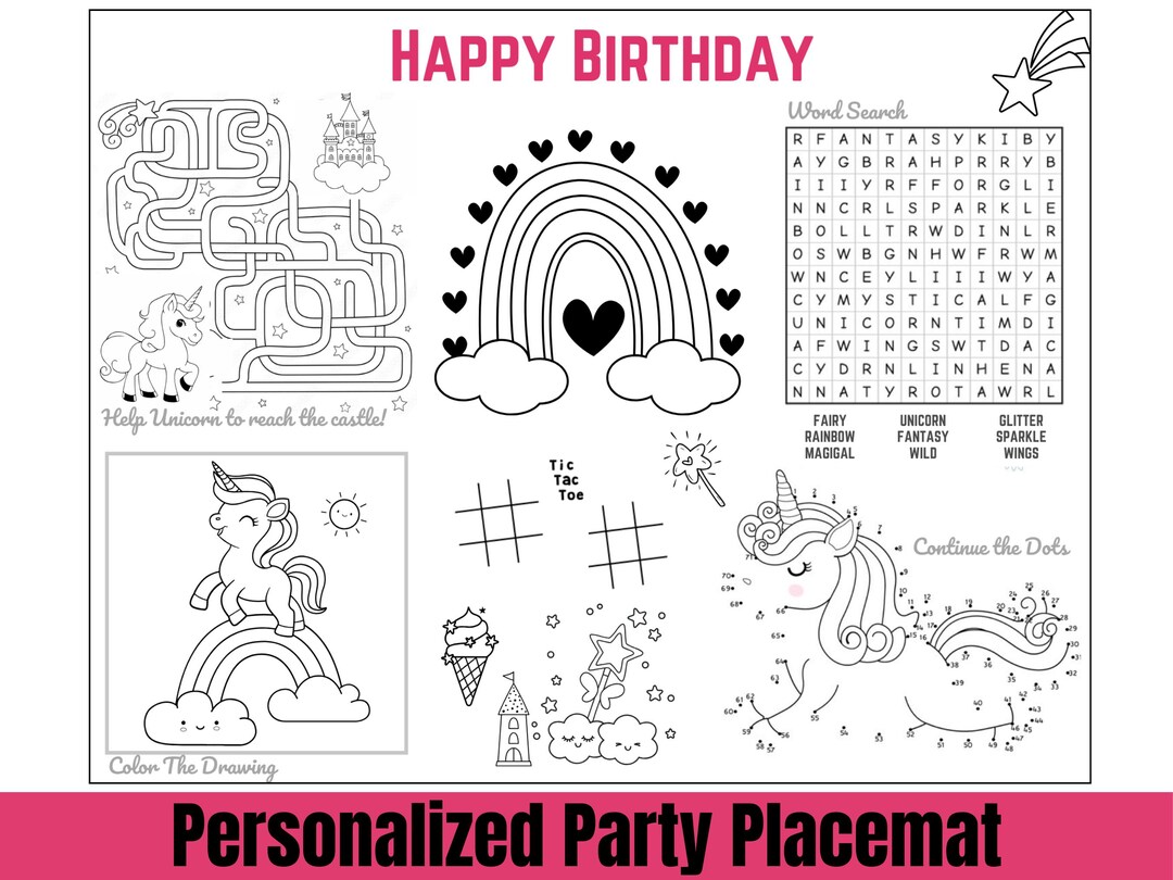Rainbow Birthday Coloring Place Mat, Printable Unicorn Party Activity ...