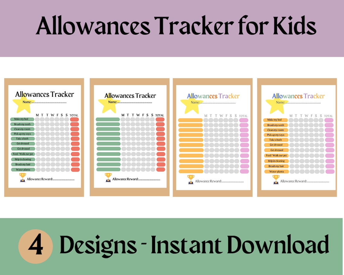 Allowance Tracker for Kids - Printable Weekly Allowance Chore Chart ...
