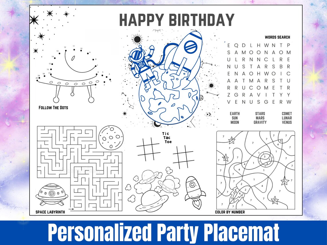 Space Birthday Coloring Place Mat, Printable Astronaut Party Activity ...