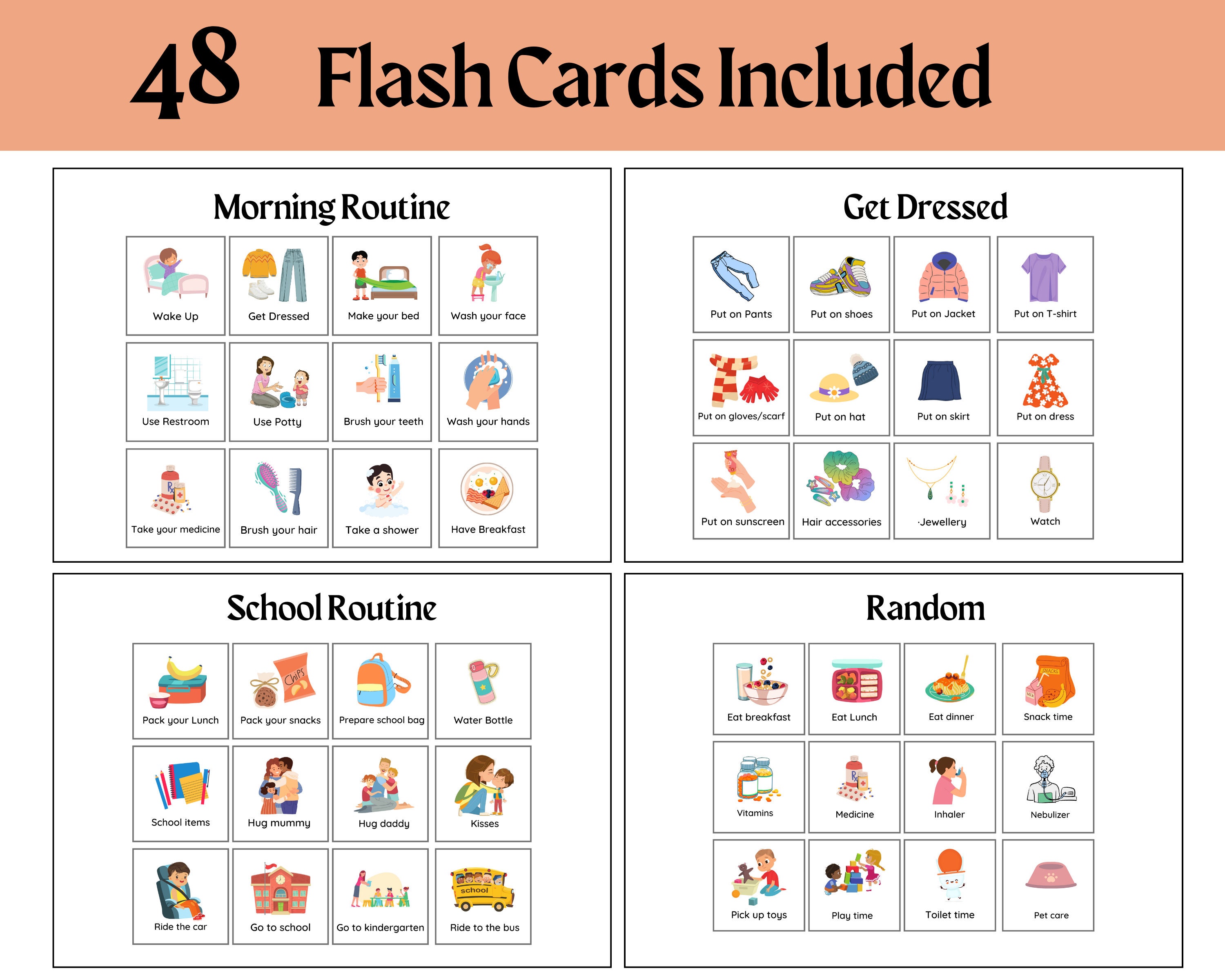 48 Morning Routine Cards for Kids, Rise and Shine Flash Cards,visual ...