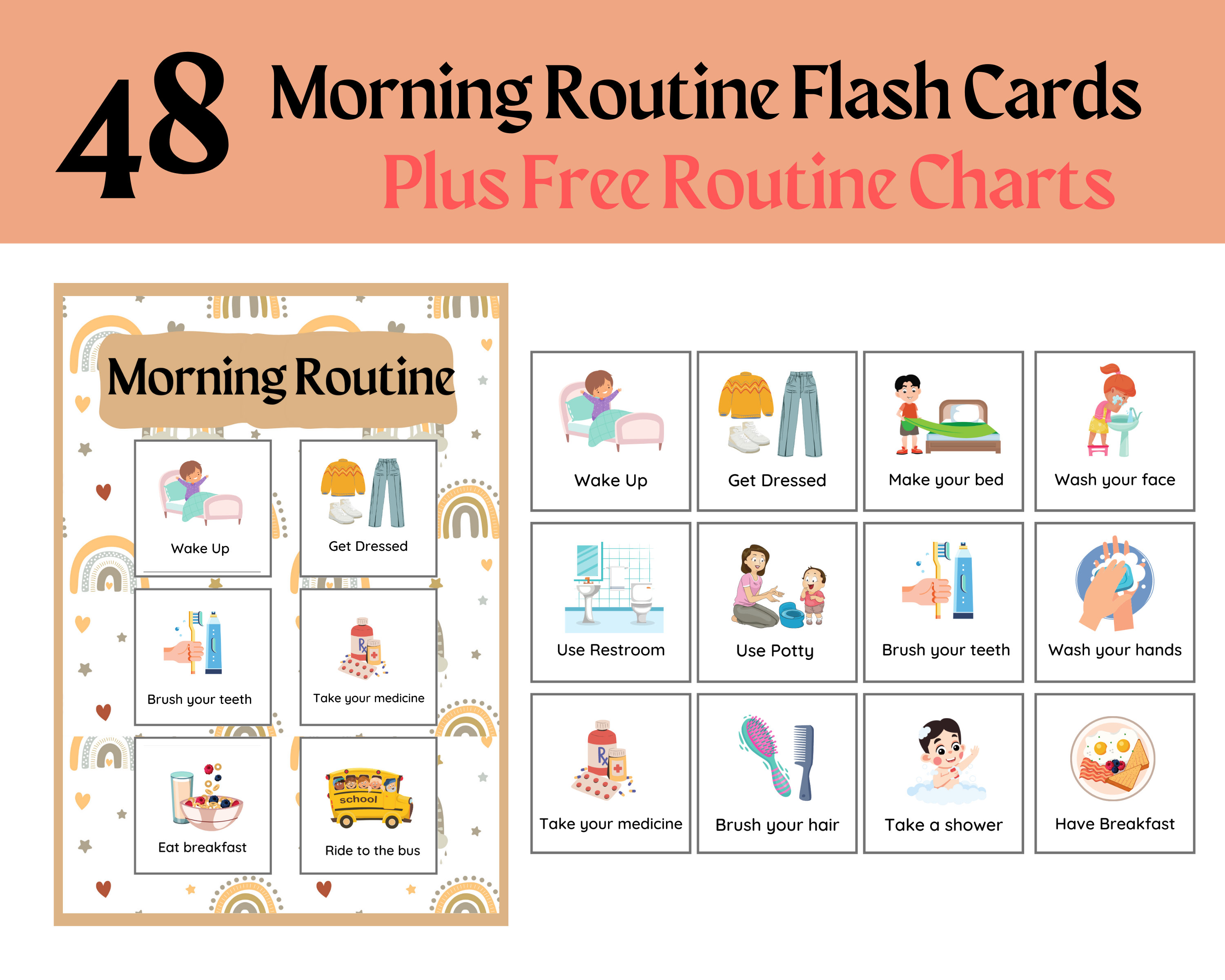48 Morning Routine Cards for Kids, Rise and Shine Flash Cards,visual ...