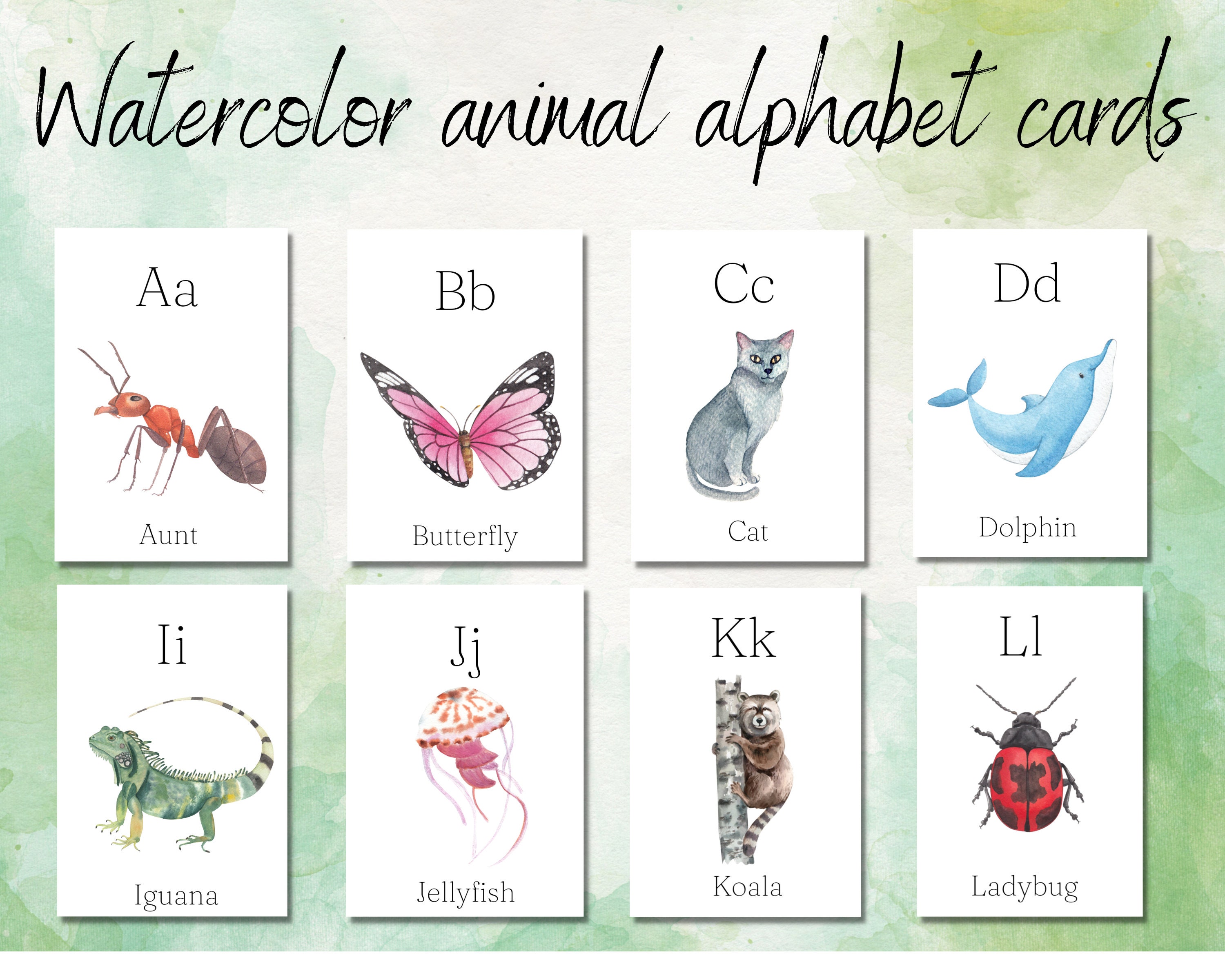 Watercolor Alphabet Flashcards,animals ABC Cards ,montessori, Pre ...