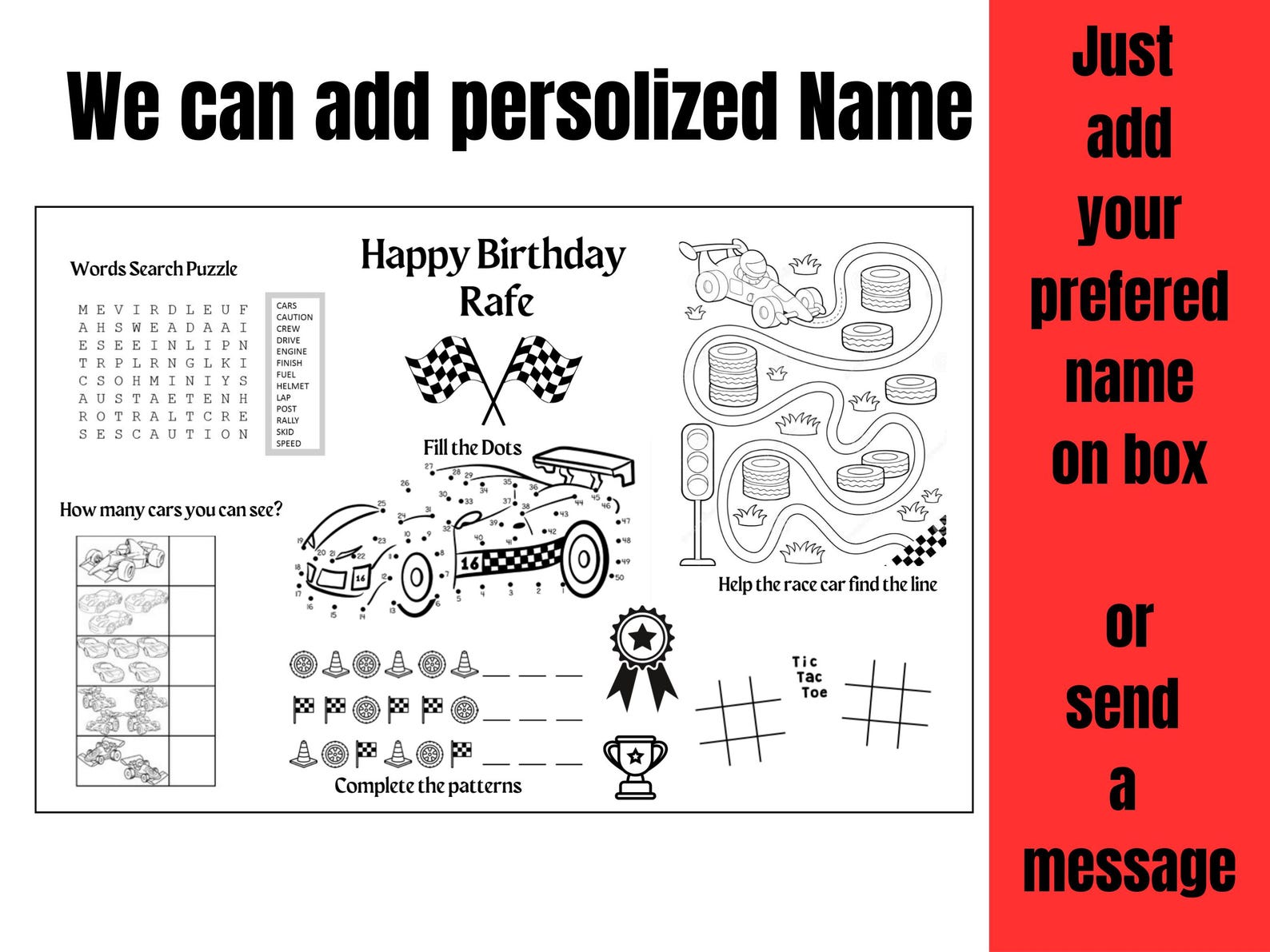 Racing Car Party Placemat | Printable Formula 1 Party Coloring Page ...