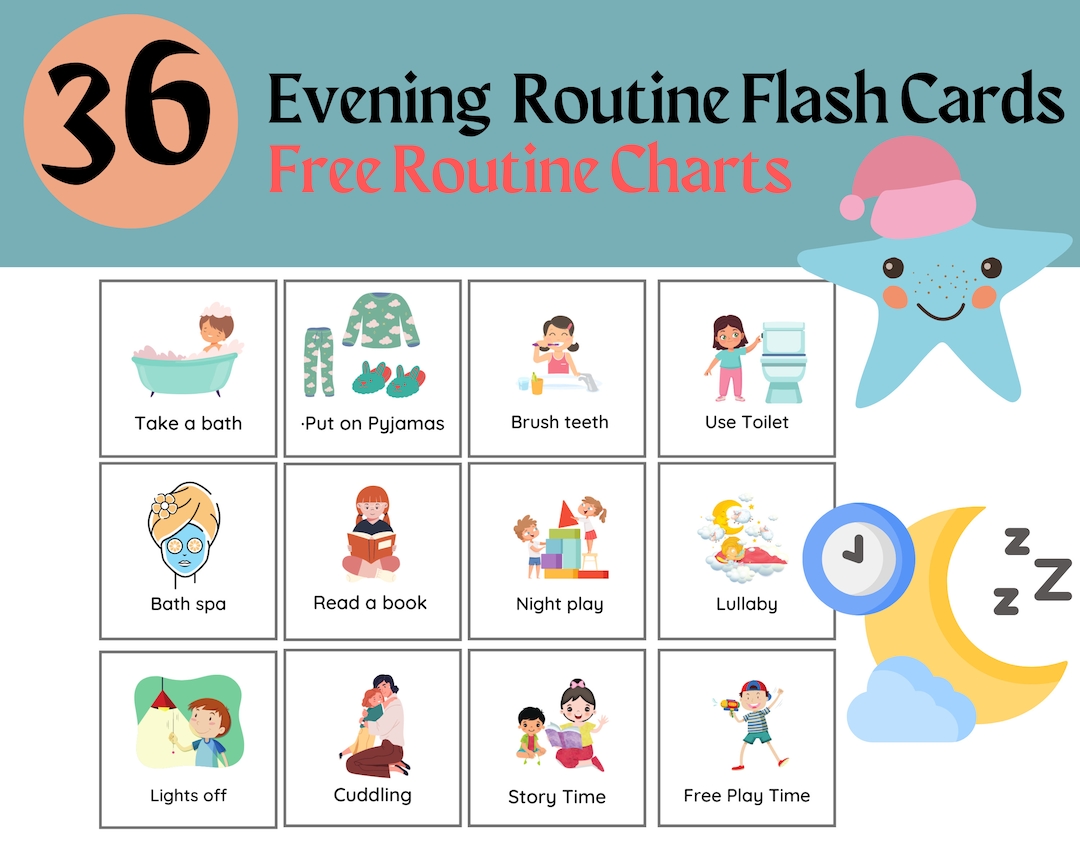 36 Kids Evening Bedtime Routine Flashcards, Kids Activity Chart ...