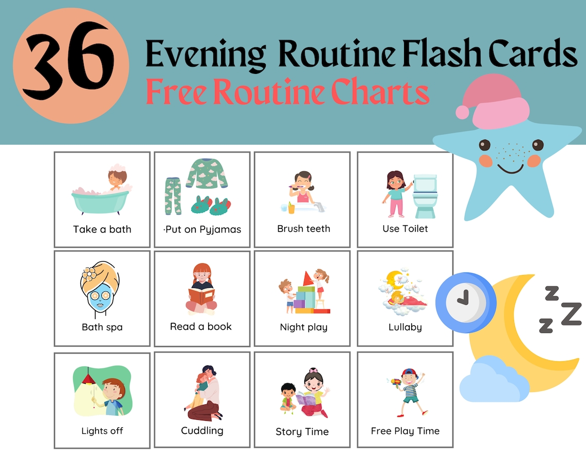 36 Kids Evening Bedtime Routine Flashcards, Kids Activity Chart ...