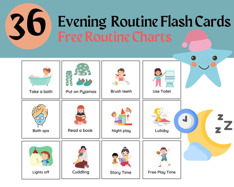36 Kids Evening Bedtime Routine Flashcards, Kids Activity Chart ...
