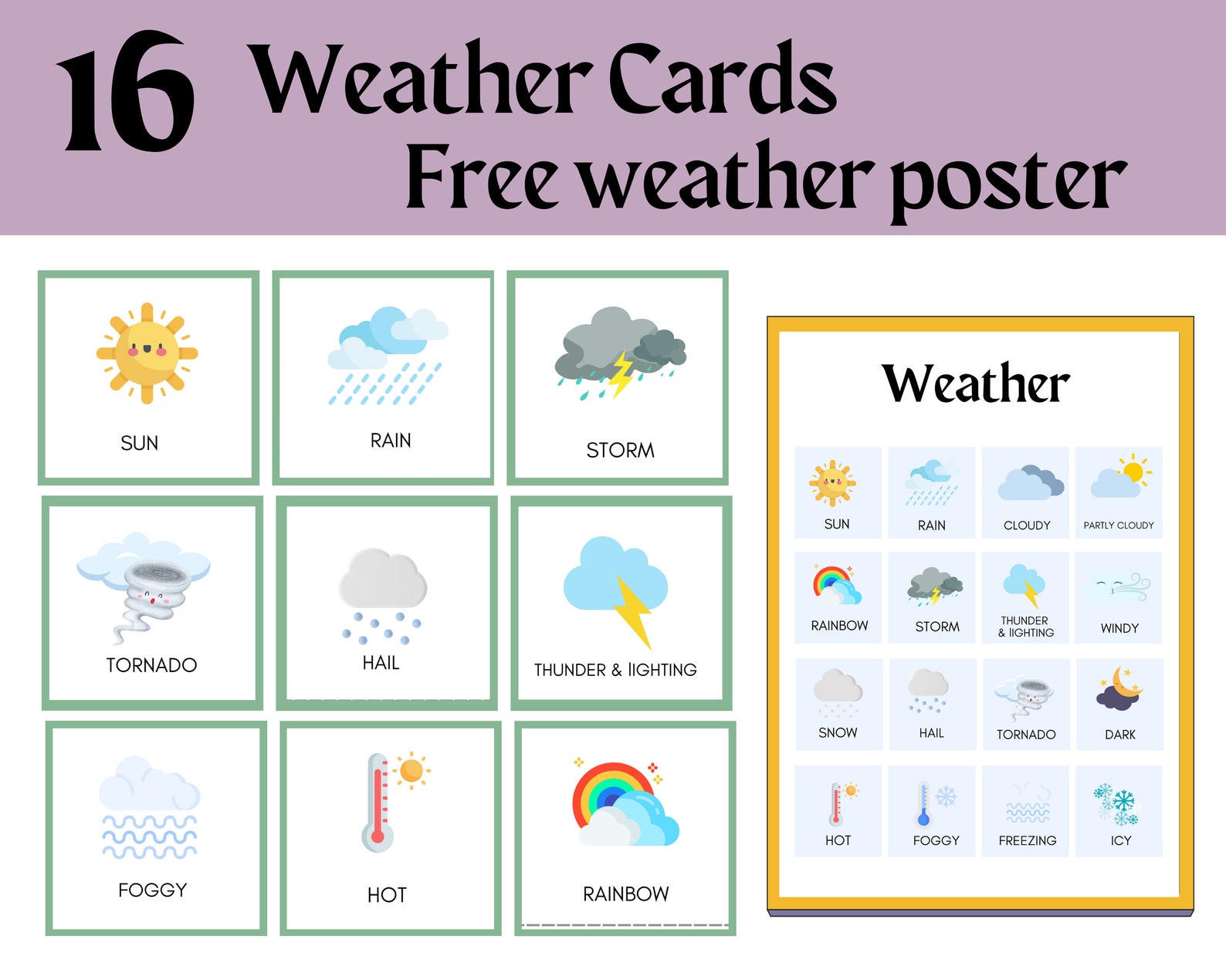 16 Weather Flashcards + Weather Poster ,pre-school Cards ,rainbow ...