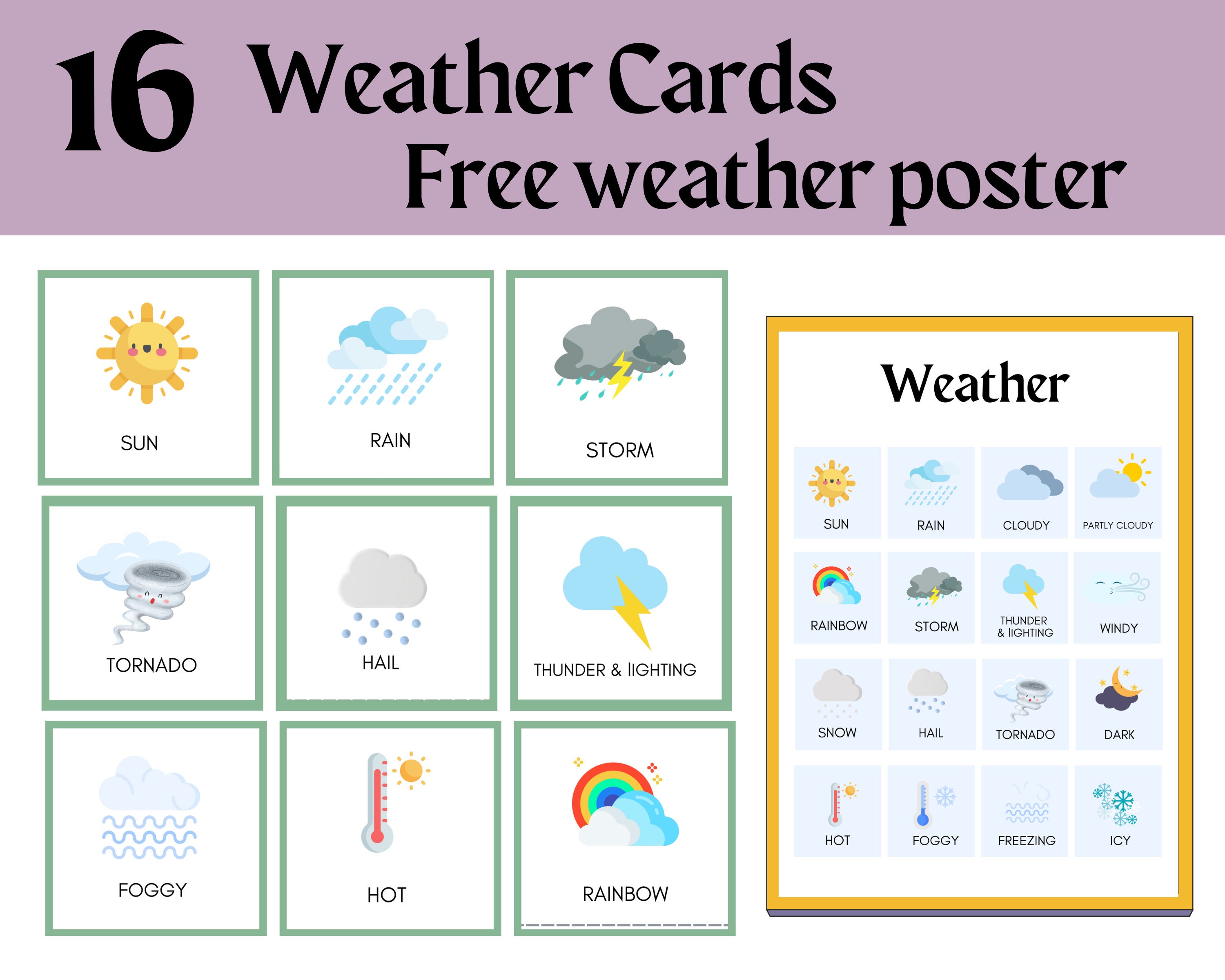 16 Weather Flashcards Weather Poster ,pre-school Cards ,rainbow ...